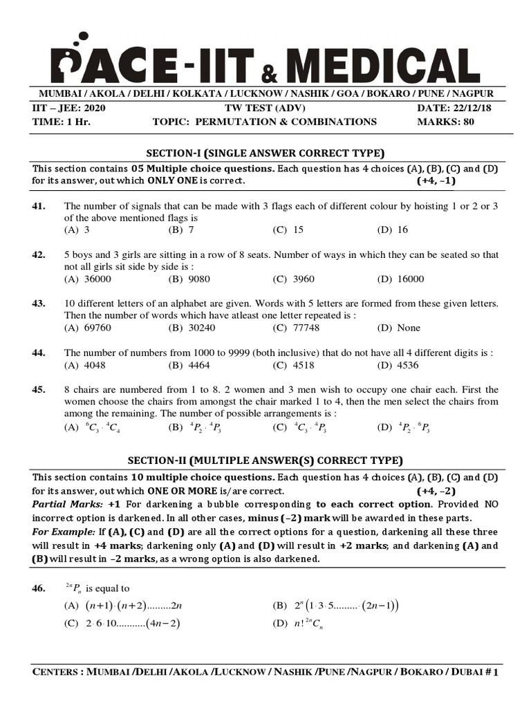 Permutation & Combinations (Question Paper) - 01 | PDF | Teaching ...