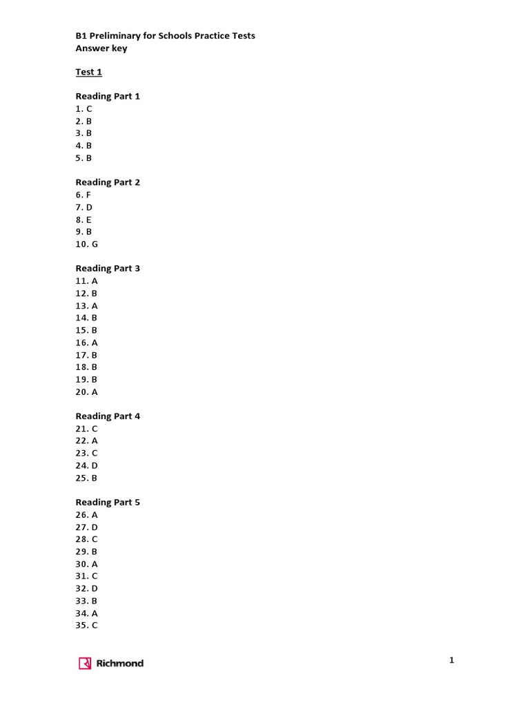 C 2. B 3. B 4. B 5. B: B1 Preliminary For Schools Practice Tests Answer ...