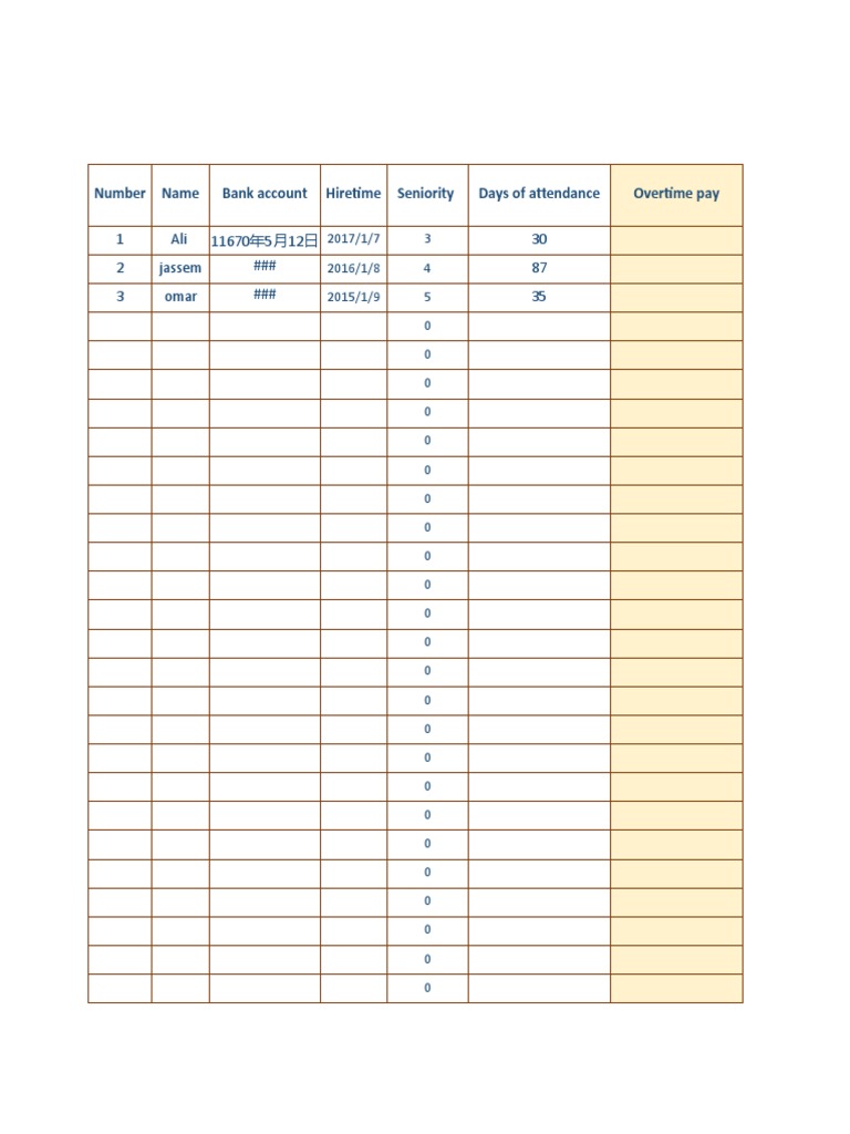Employee Payroll: Number Name Bank Account Hiretime Seniority Days of ...