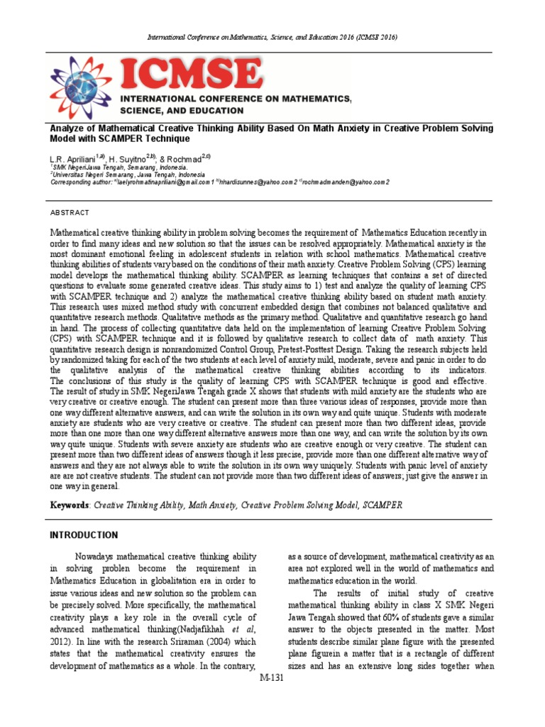 Analyze of Mathematical Creative Thinking Ability Based On Math Anxiety ...