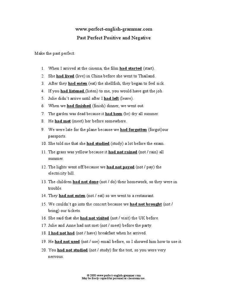 Ejercicios Past Perfect | PDF