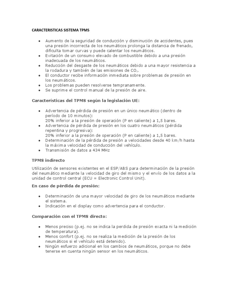 Caracteristicas Sistema TPMS | PDF