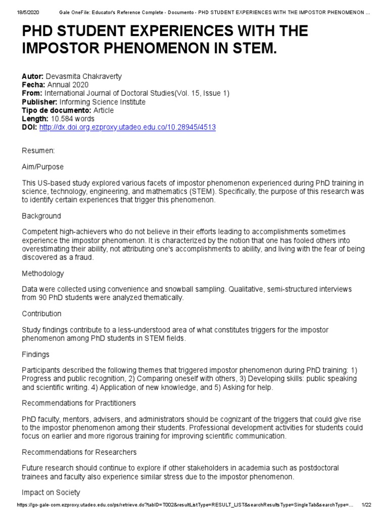 PHD Student Experiences With The Impostor Phenomenon in Stem - PDF ...