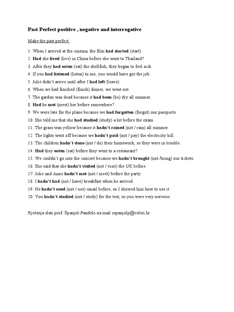 Past Perfect Positive, Negative and Interrogative | PDF