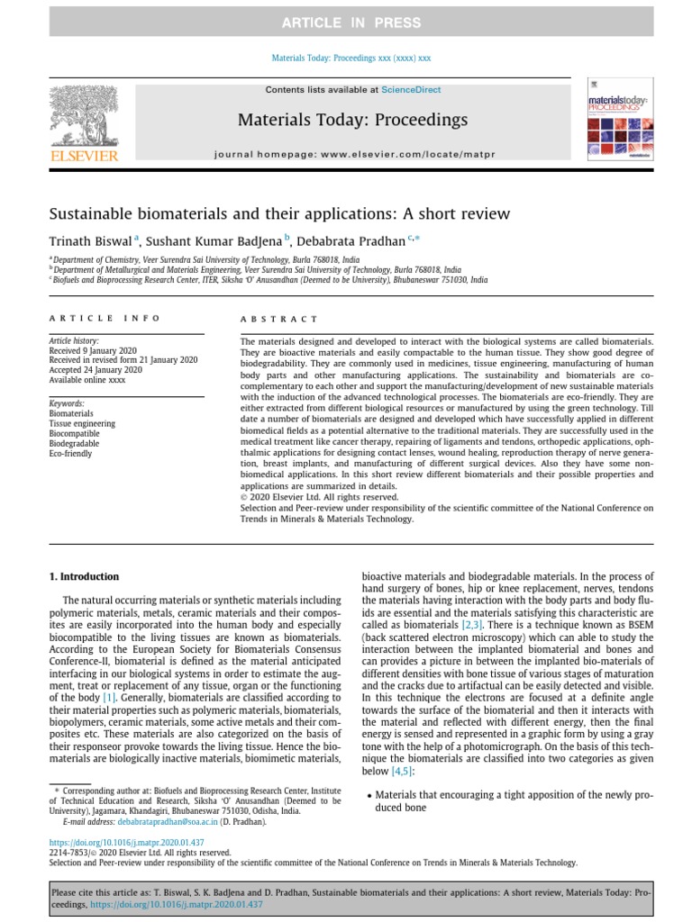 Sustainable Biomaterials and Their Applications - A Short Review ...