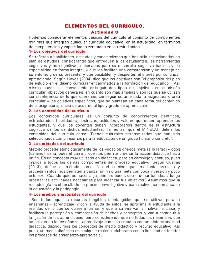 Lectura 8 Elementos Del Curriculo | PDF | Plan de estudios | Aprendizaje