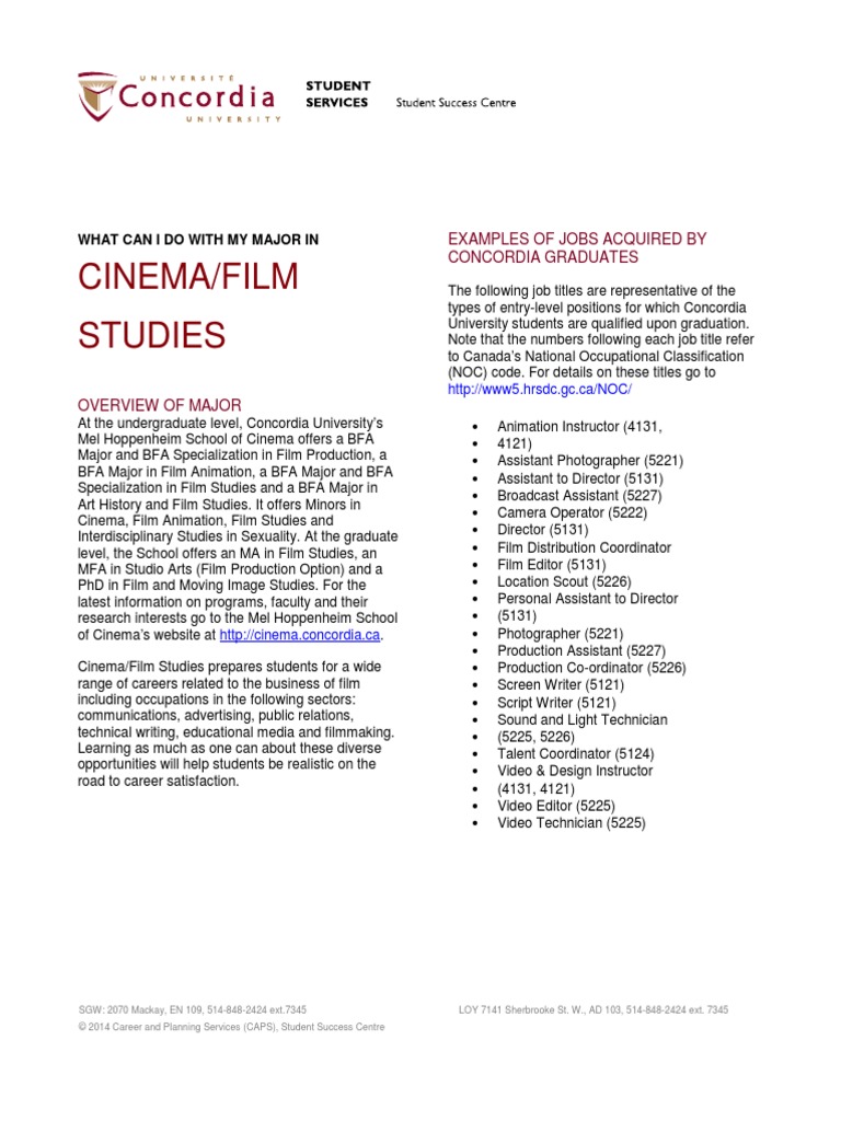 Cinema/Film Studies: Examples of Jobs Acquired by Concordia Graduates ...
