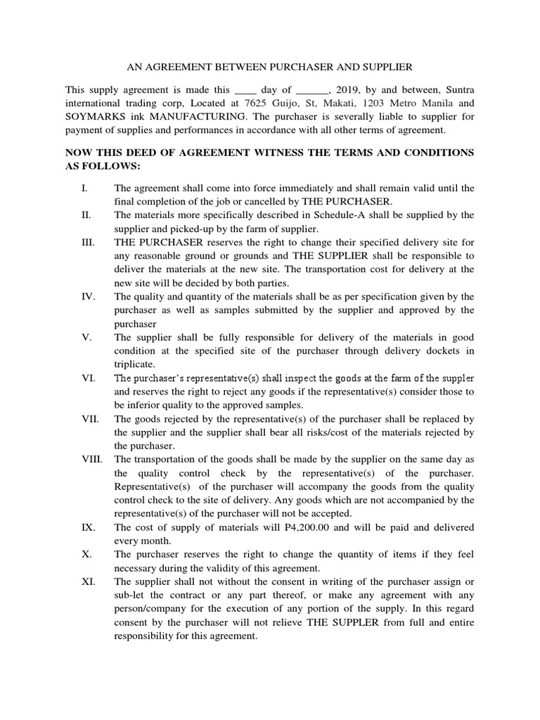 Now This Deed of Agreement Witness The Terms and Conditions As Follows ...