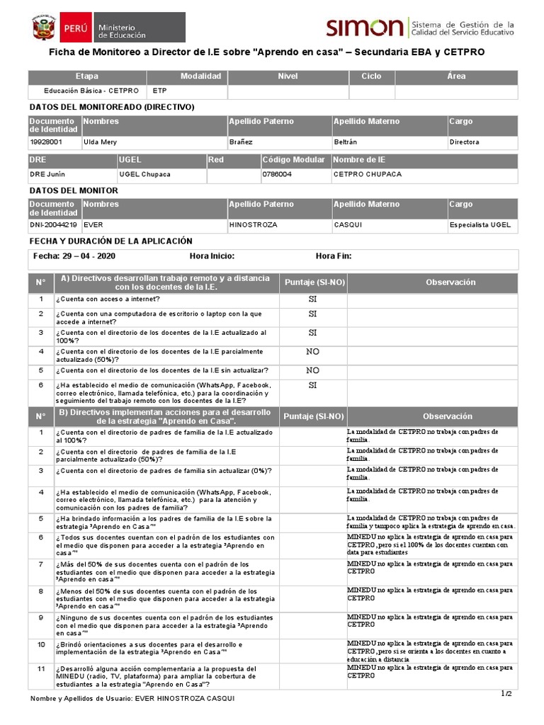 Ficha de Monitoreo, Simon, Eba y Cetpro | PDF | Internet | Aprendizaje