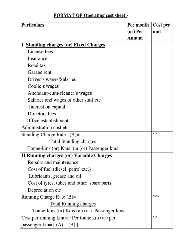 FORMAT OF Operating Cost Sheet NEW | PDF