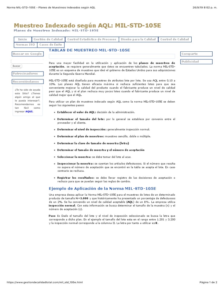 Norma MIL-STD-105E - Planes de Muestreos Indexados Según AQL | PDF | Muestreo (Estadísticas ...