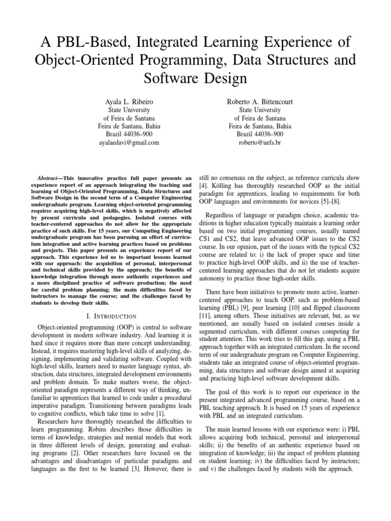 A Pbl Based Integrated Learning Experience Of Object Oriented Programming Data Structures And