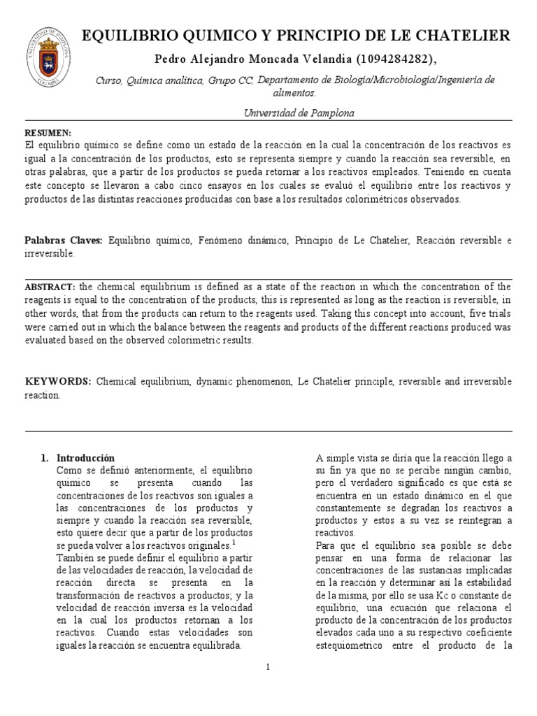 Equilibrio Quimico y Principio de Le Chatelier 1 | PDF | Ácido clorhídrico | Equilibrio químico