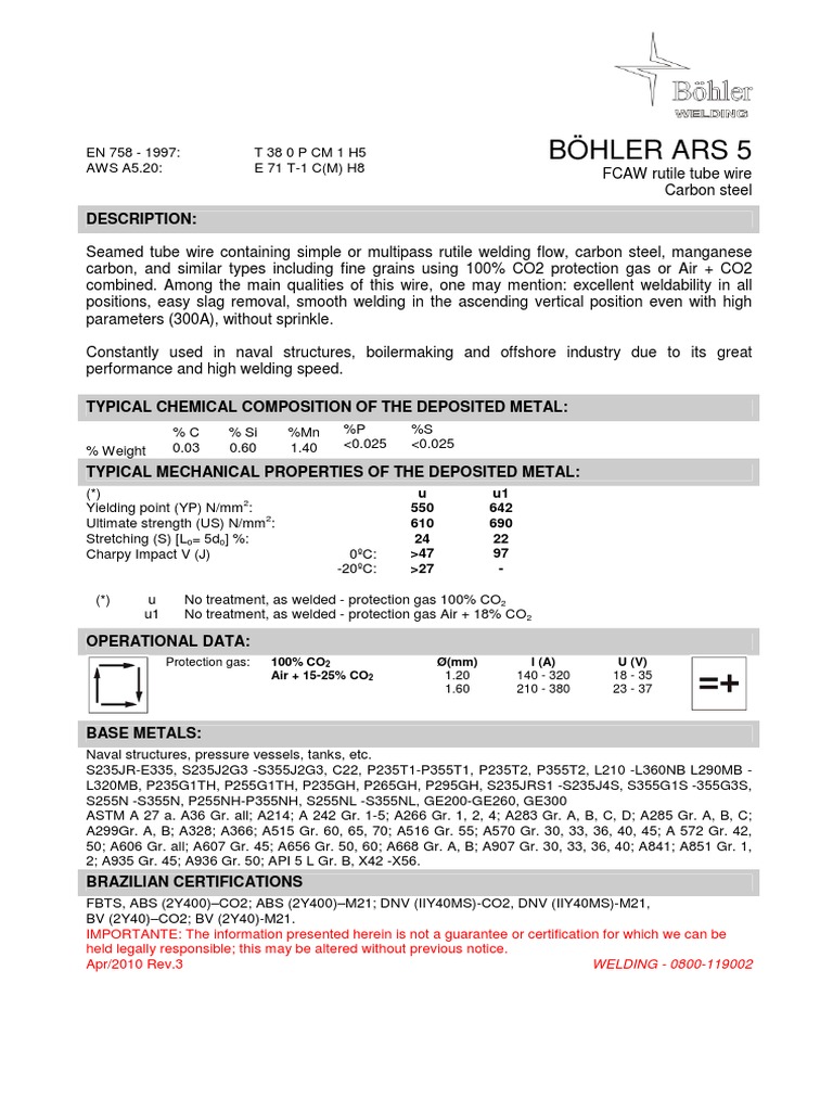 Bohler Ars 5 - e 71 T-1 C (M) H8 | PDF | Welding | Construction