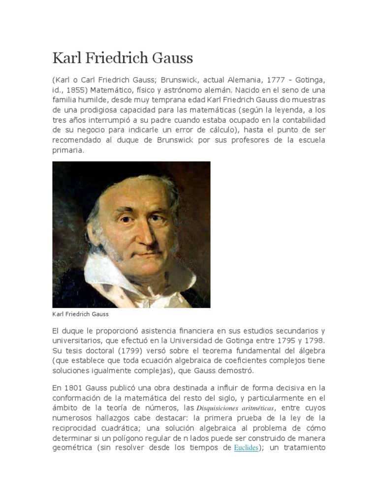Karl Friedrich Gauss | PDF | Enseñanza de matemática | Análisis matemático