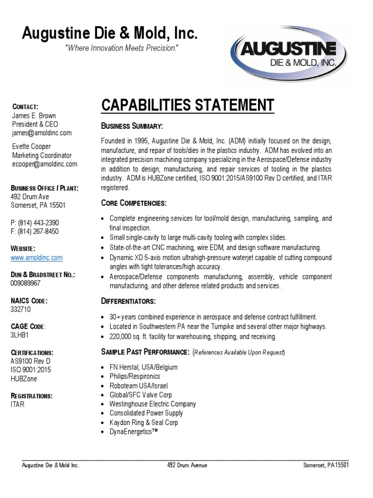 Augustine Die & Mold, Inc.: Capabilities Statement | PDF | Machining | Aerospace