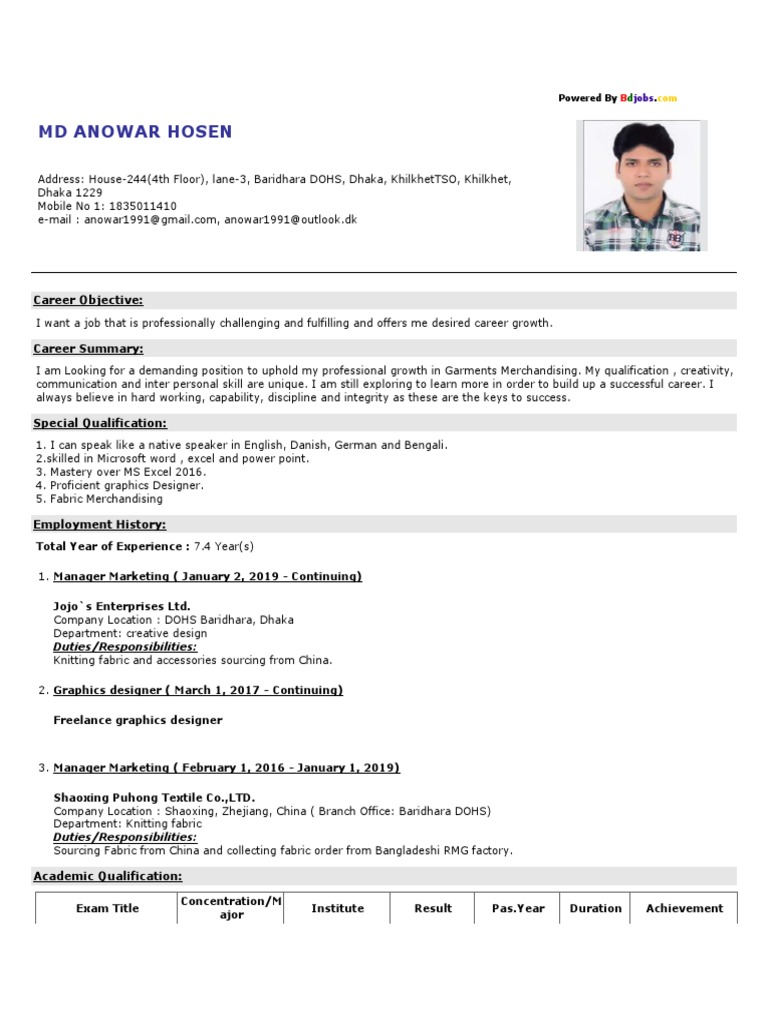 MD Anowar Hosen: Career Objective | PDF | Denmark