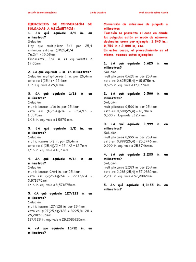 Ejercicios de Conversión de Pulgadas A Milímetro | PDF | Pulgada ...