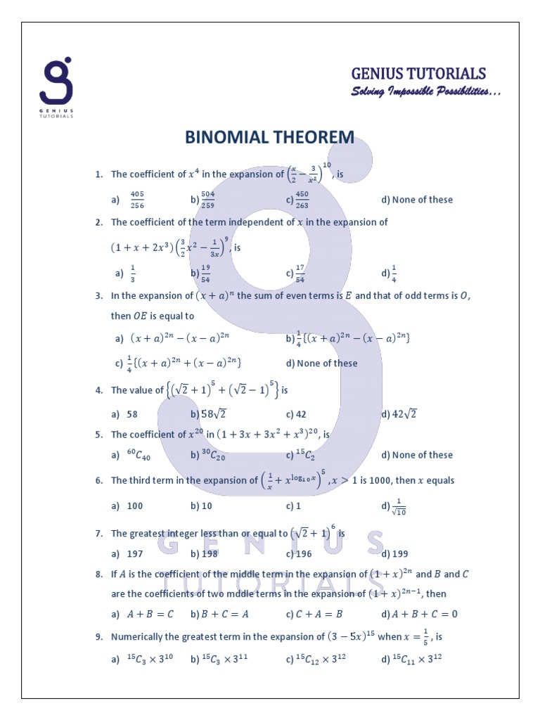 BINOMIAL THEOREM. Practice Sums With Key PDF | PDF | Algebra | Elementary Mathematics