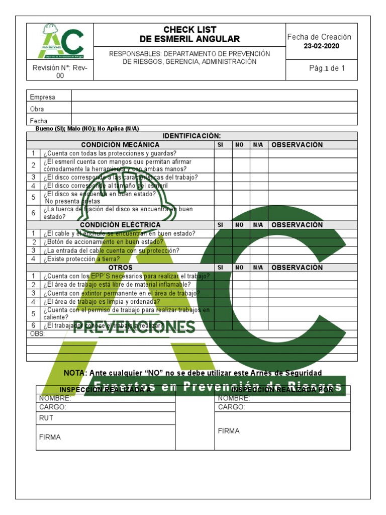 Check List de Esmeril Angular | PDF