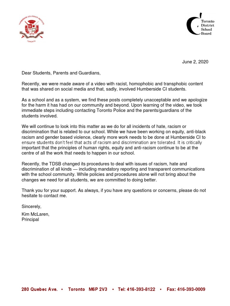 Humberside CI Letter - June 2, 2020 | PDF