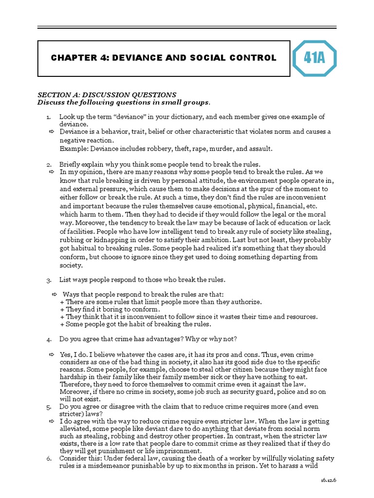 Chapter 4: Deviance and Social Control: Section A: Discussion Questions ...