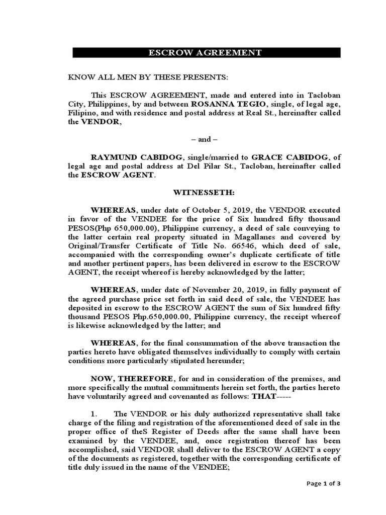 Escrow Agreement: Page 1 of 3 | PDF | Deed | Property Law