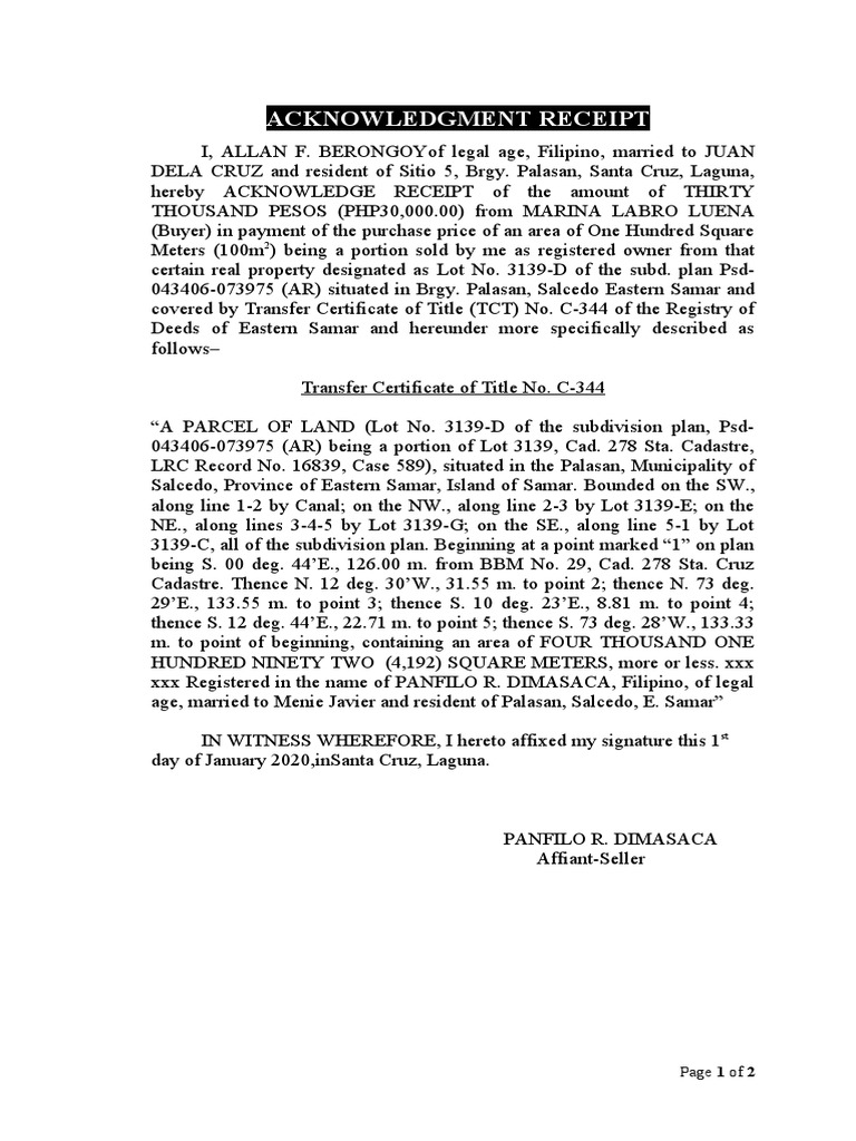 Acknowledgment Receipt: Page 1 of 2 | PDF | Real Property Law | Law And ...