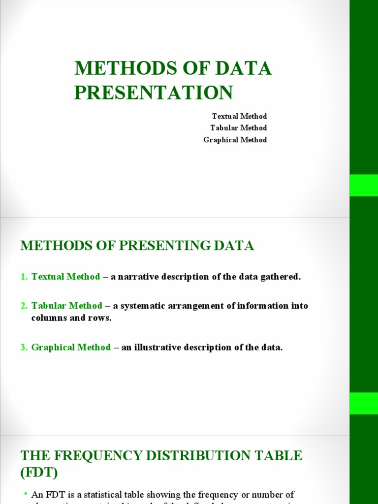 Methods of Data Presentation: Textual Method Tabular Method Graphical ...