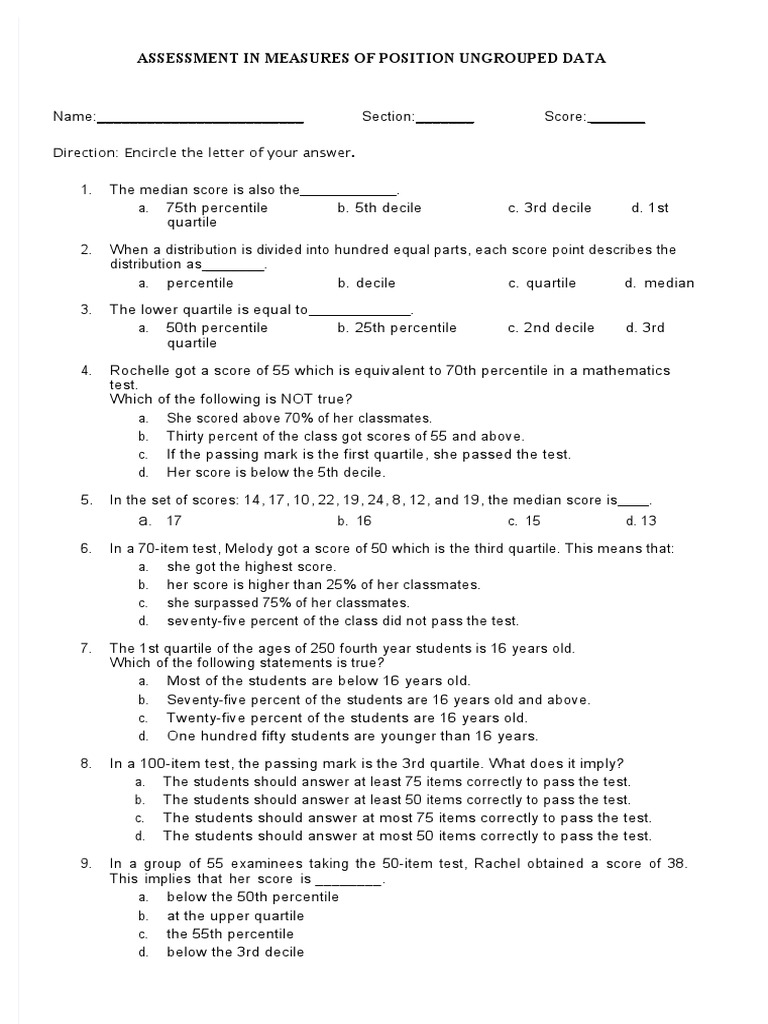Measures of Position Assessment Test | PDF | Percentile | Teaching ...