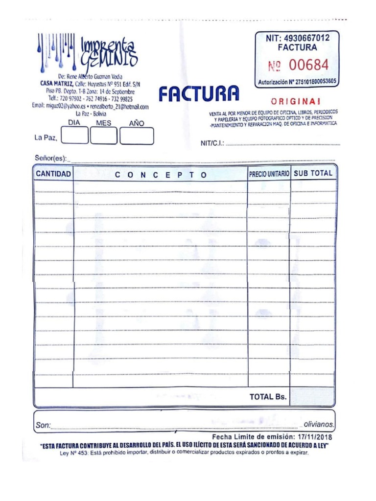 Factura De Un Imprenta Pdf