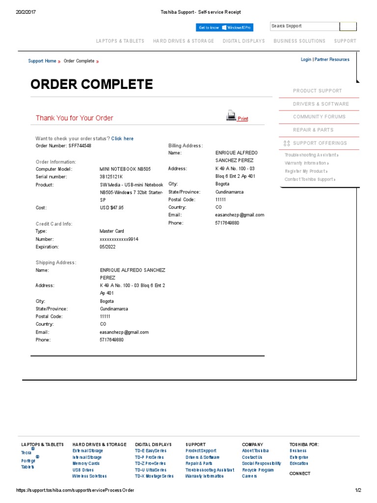 Toshiba Support - Self-Service Receipt 170220 | PDF | Laptop | Tablet ...