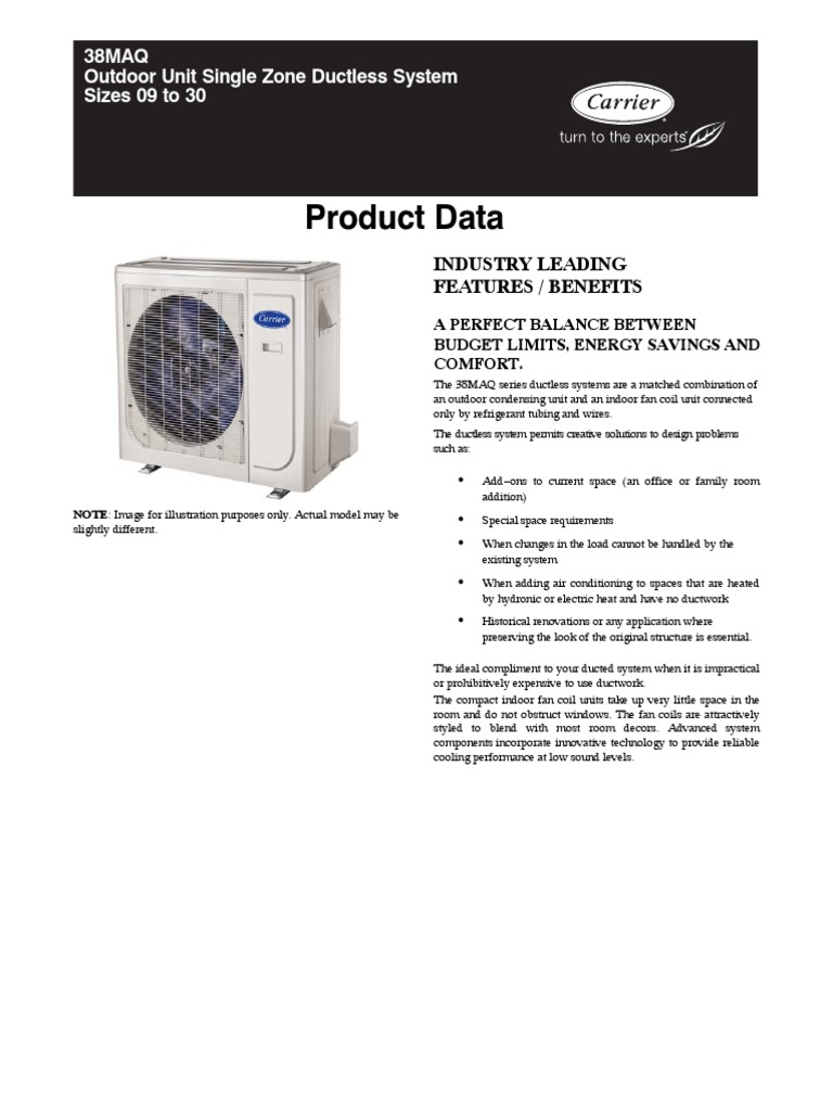 Product Data: 38MAQ Outdoor Unit Single Zone Ductless System Sizes 09 ...