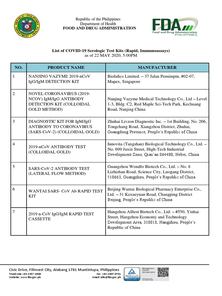 List of COVID-19 Serologic Test Kits (Rapid, Immunoassays) : Food and ...