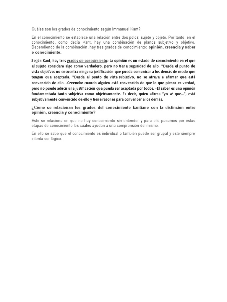 Cuáles Son Los Grados de Conocimiento Según Immanuel Kant | PDF