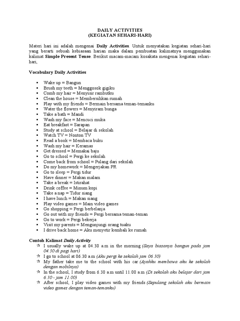 Daily Activities (Kegiatan Sehari-Hari) | PDF | Verb | Grammar