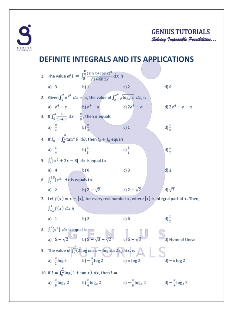 Definite Integrals and Its Applications: Genius Tutorials | PDF ...