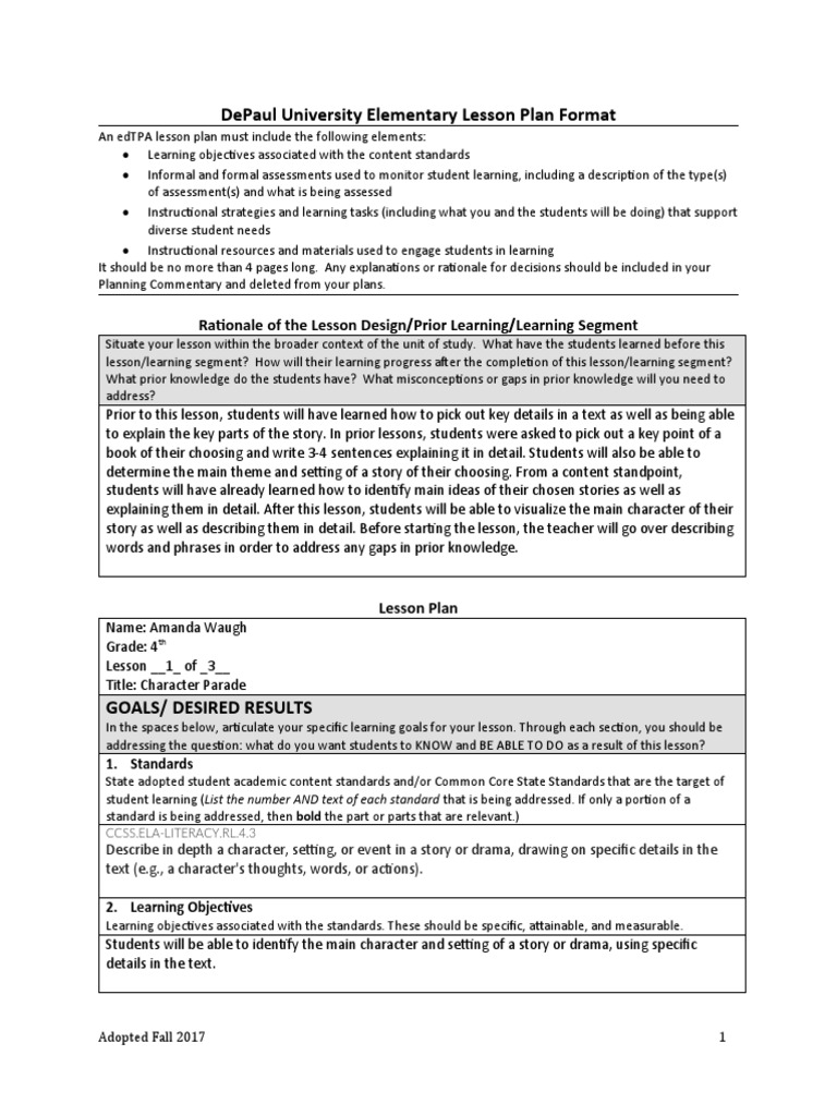 Depaul University Elementary Lesson Plan Format: Rationale of The ...