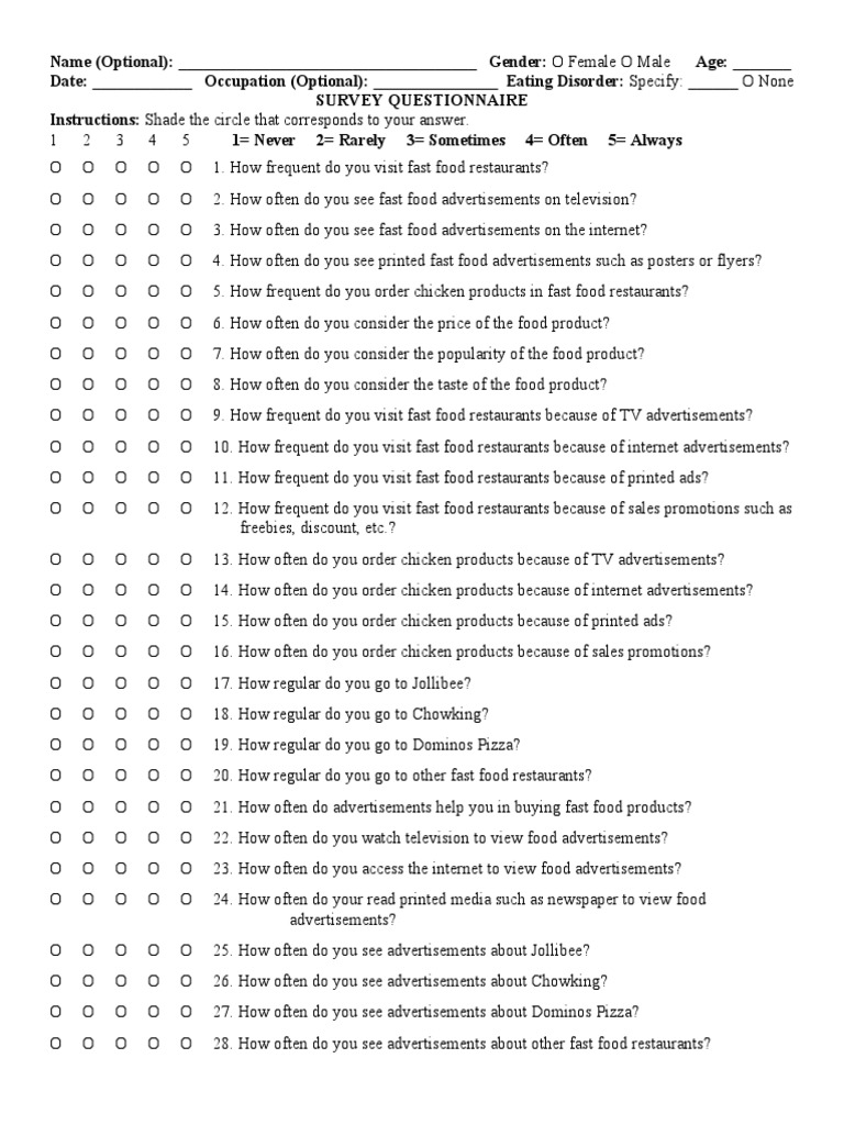 Survey Questionnaire | PDF | Fast Food | Fast Food Restaurants
