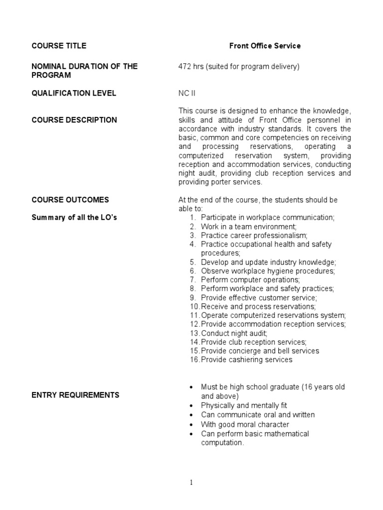 Front Office Services NC II Overview | PDF | Competence (Human ...