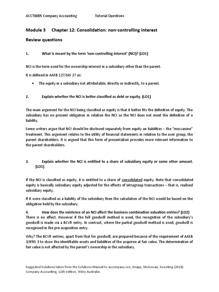Chapter 12: Consolidation: Non-Controlling Interest Review Questions ...