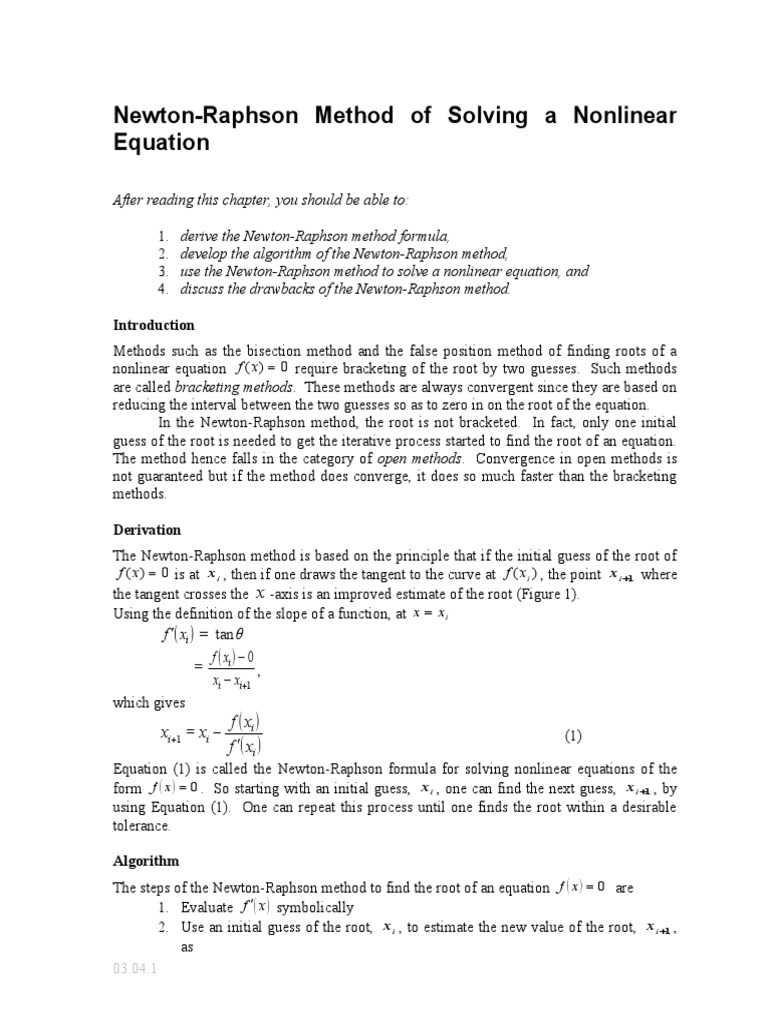 Newton-Raphson Method of Solving A Nonlinear Equation | PDF | Numerical Analysis | Mathematical ...