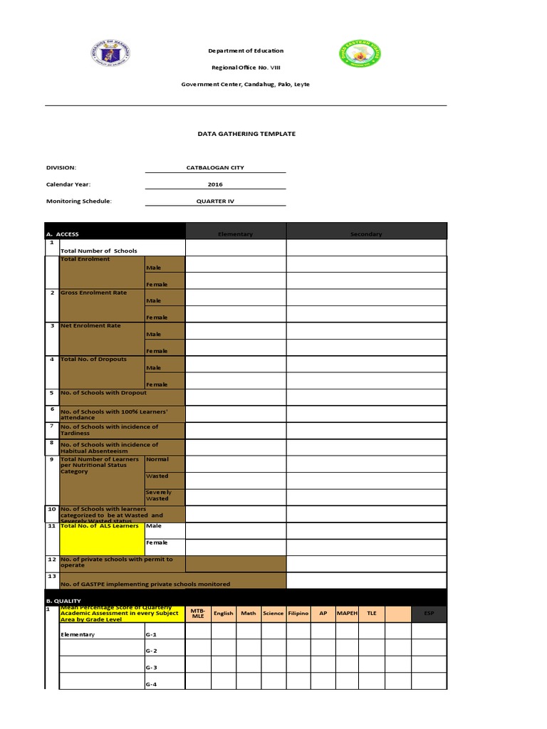 Data Gathering Template: A. Access | PDF | Middle Schools | Teachers