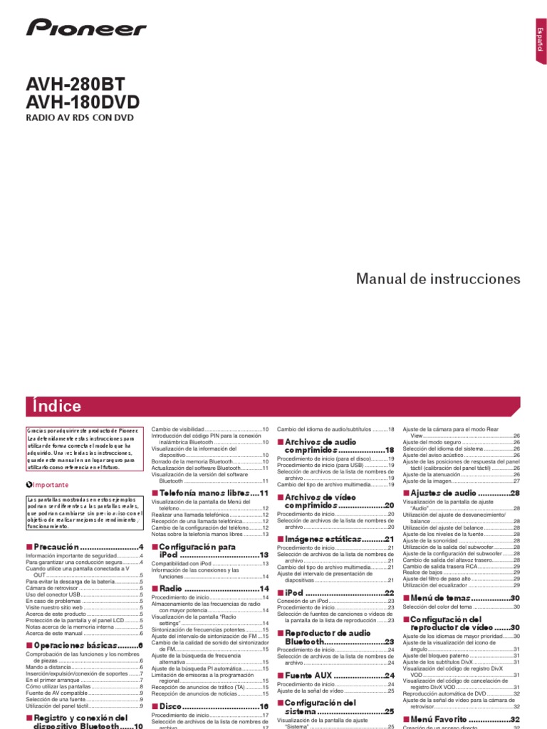 Autoradio Pioneer AVH 280BT Instrucciones 44771 | PDF | USB | Bluetooth