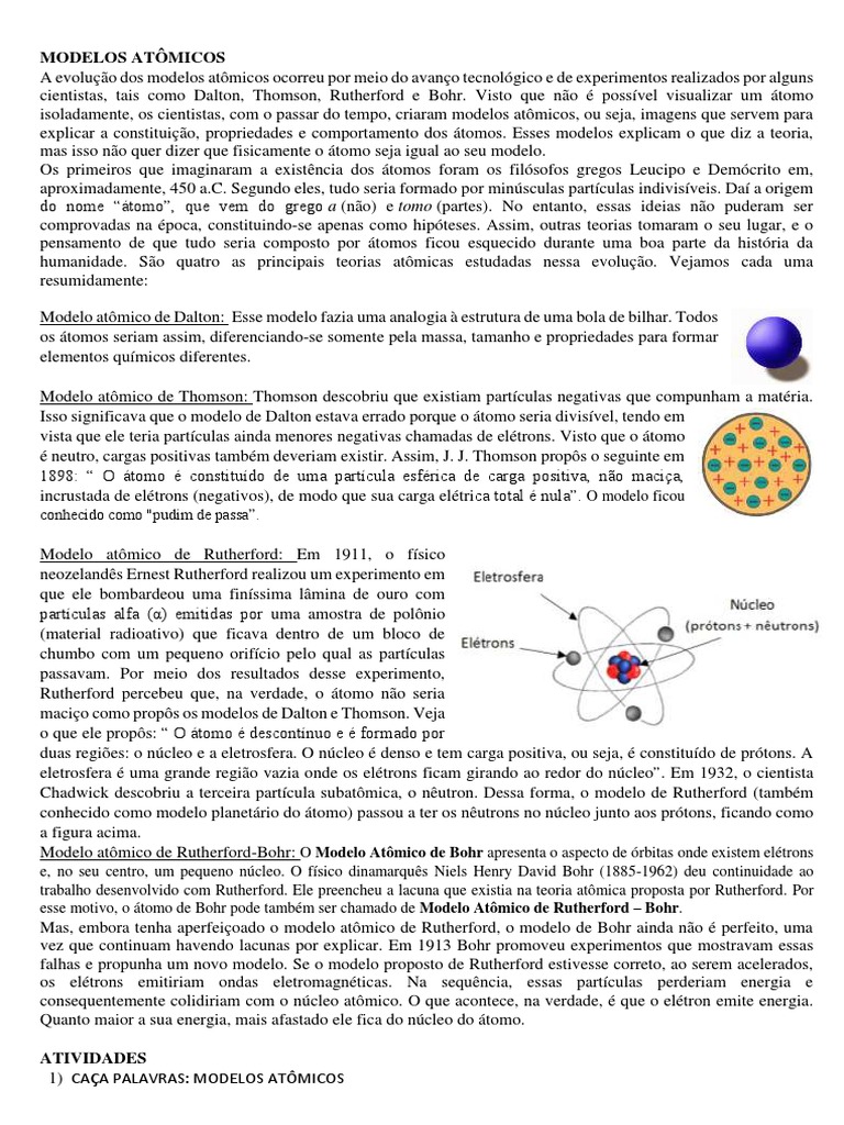 ATIVIDADE Do 9º Ano - Modelos Atômicos | PDF | Átomos | Elétron