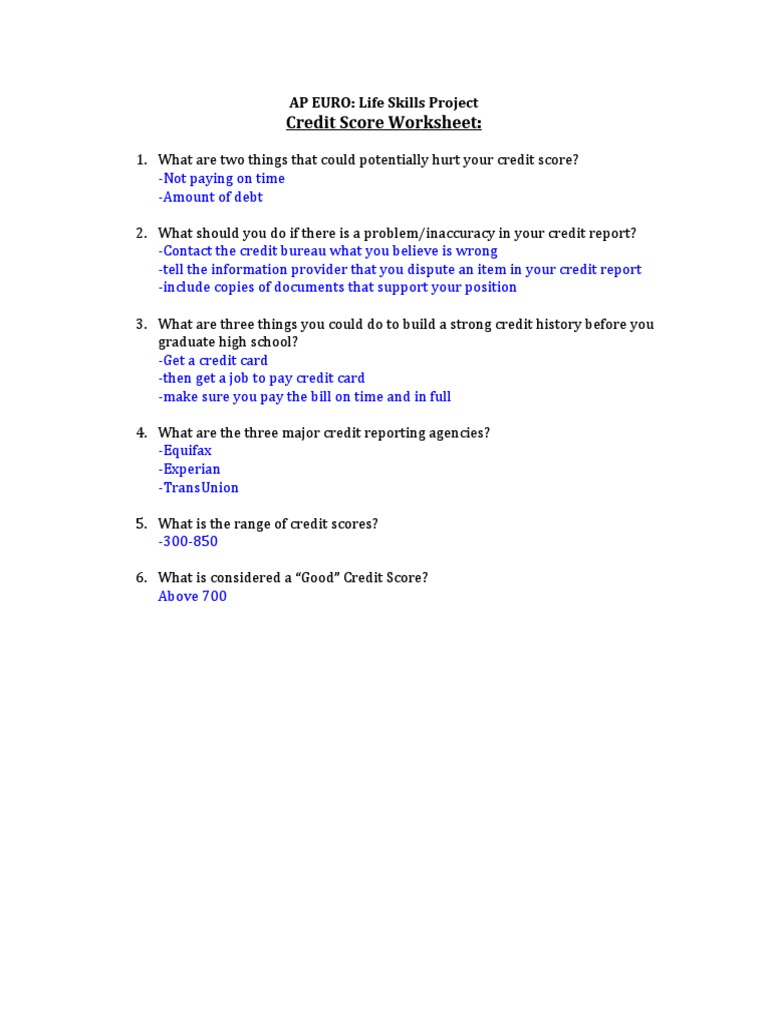 Credit Score Worksheet:: AP EURO: Life Skills Project | PDF