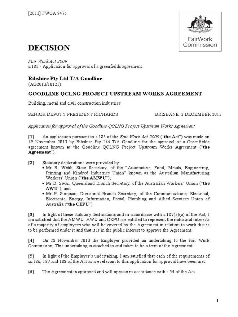 Decision: Ribshire Pty LTD T/A Goodline Goodline QCLNG Project Upstream Works Agreement | PDF ...