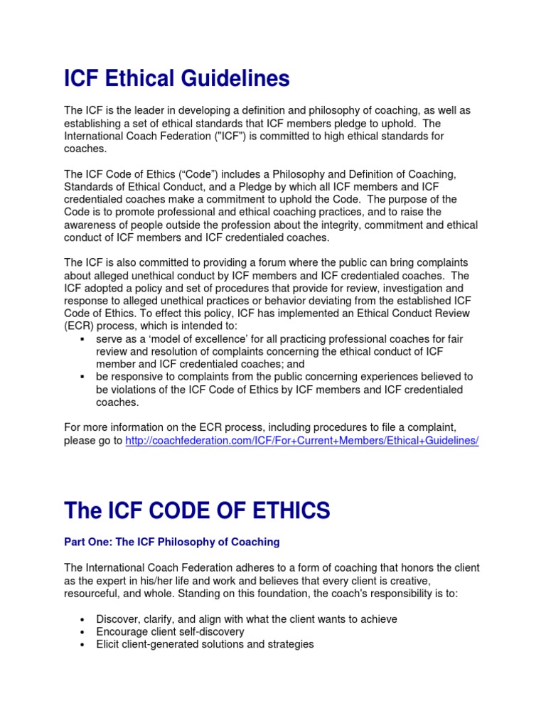 ICF Ethical Guidelines: Part One: The ICF Philosophy of Coaching | PDF | Confidentiality ...