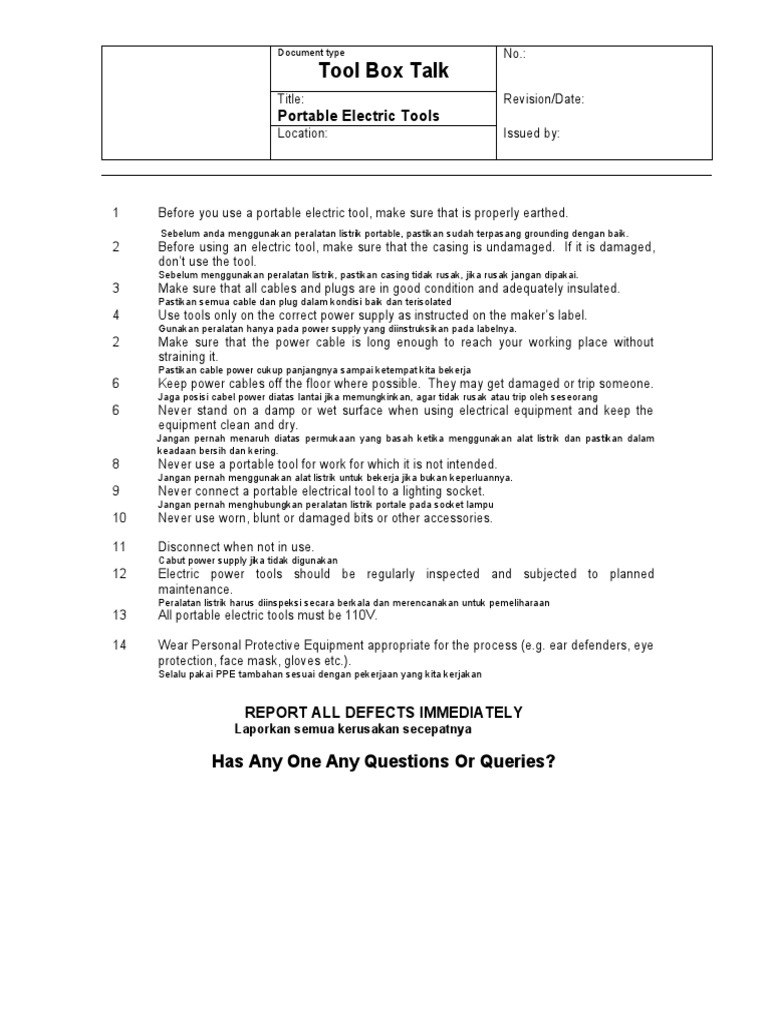 Tool Box Talk: Portable Electric Tools | PDF | Personal Protective ...