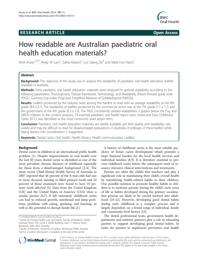 How Readable Are Australian Paediatric Oral Health Education Materials ...
